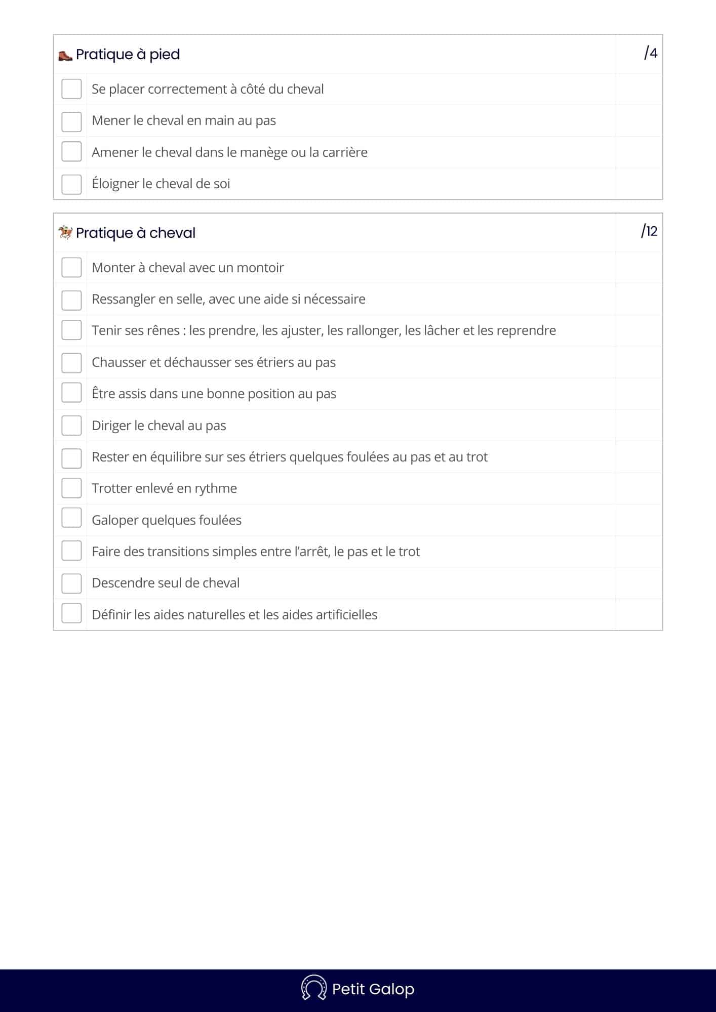 Le programme officiel du Galop 1 - Petit Galop