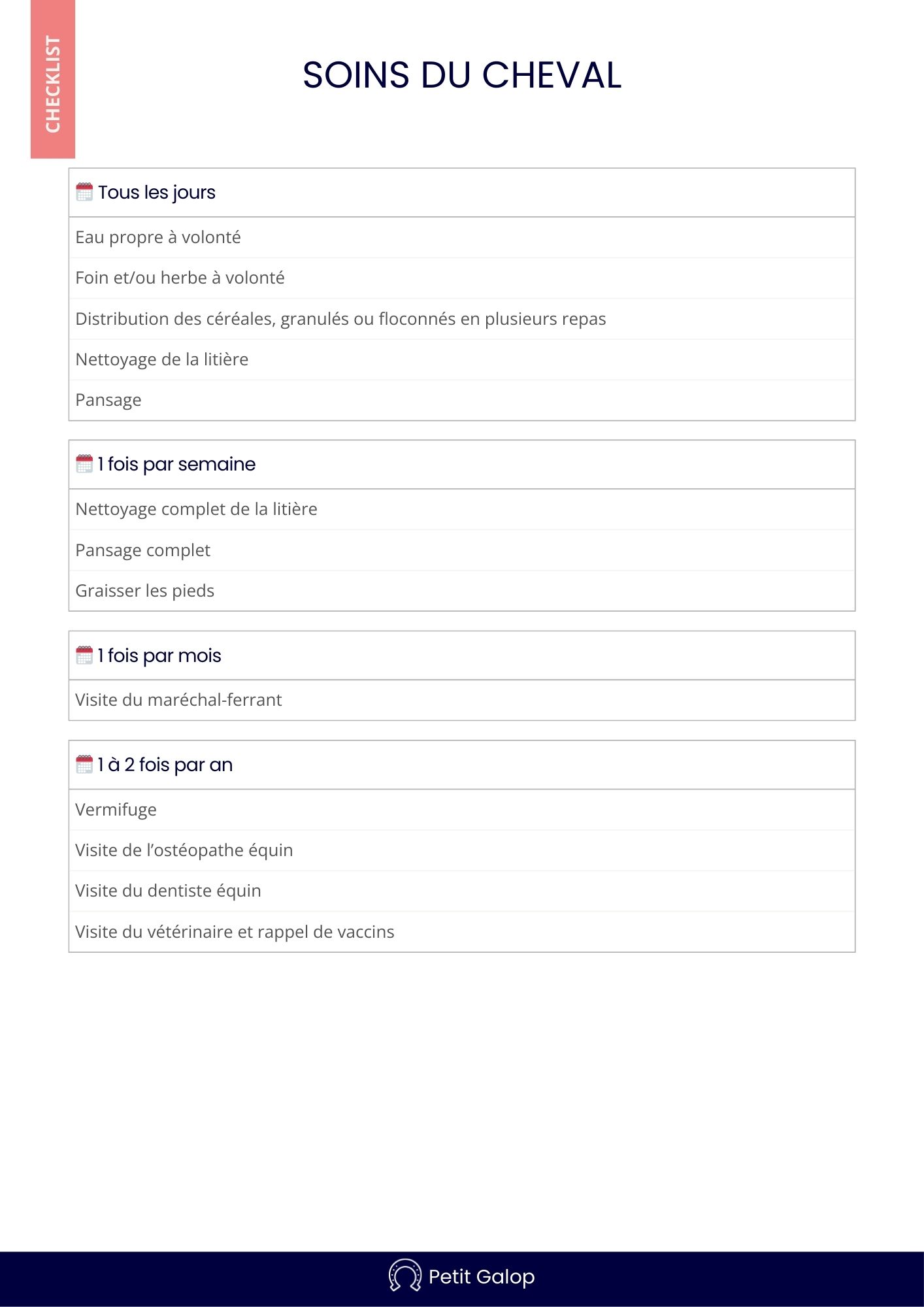 La checklist des soins du cheval - Petit Galop